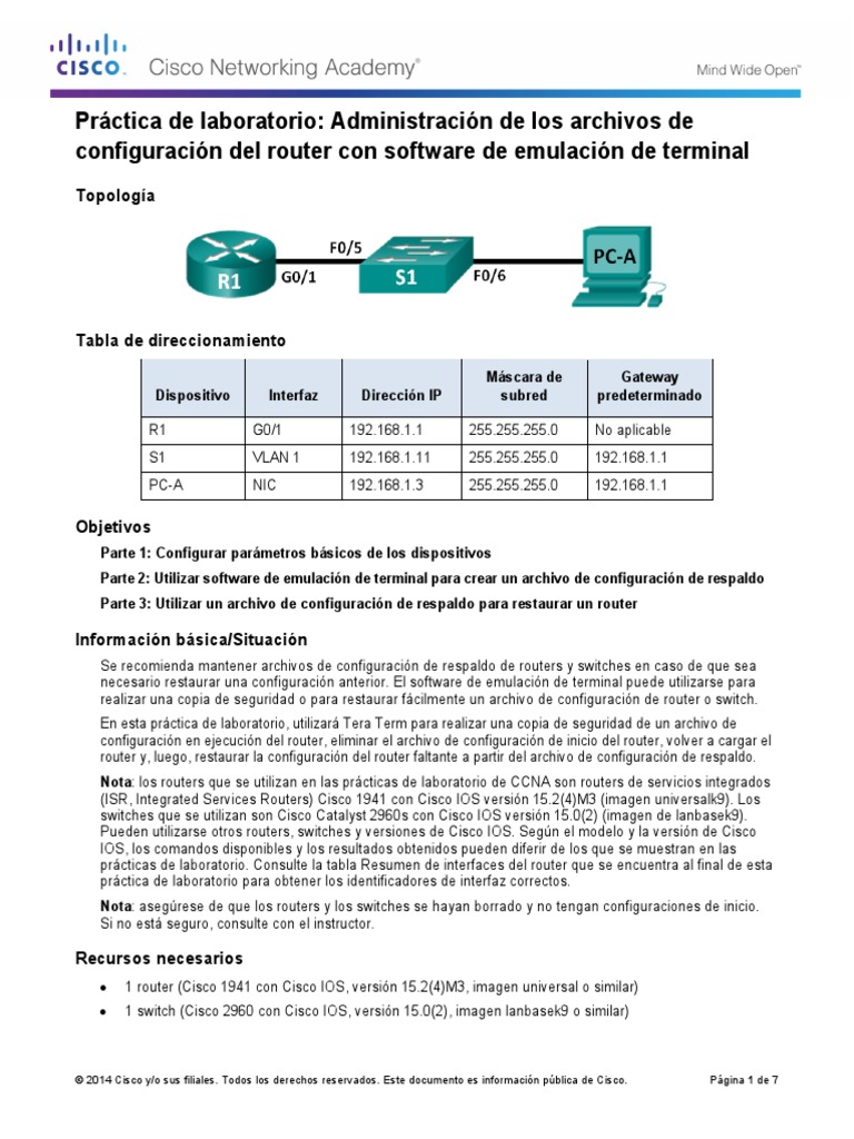 CCNA 11.4.2.6 Lab - Managing Router Configuration Files With Terminal Emulation Software | PDF ...
