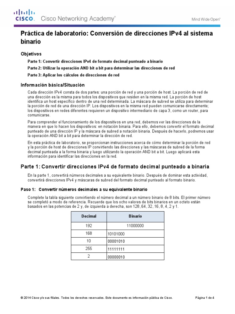 CCNA 8.1.2.8 Lab - Converting IPv4 Addresses To Binary | PDF | Dirección IP | Poco