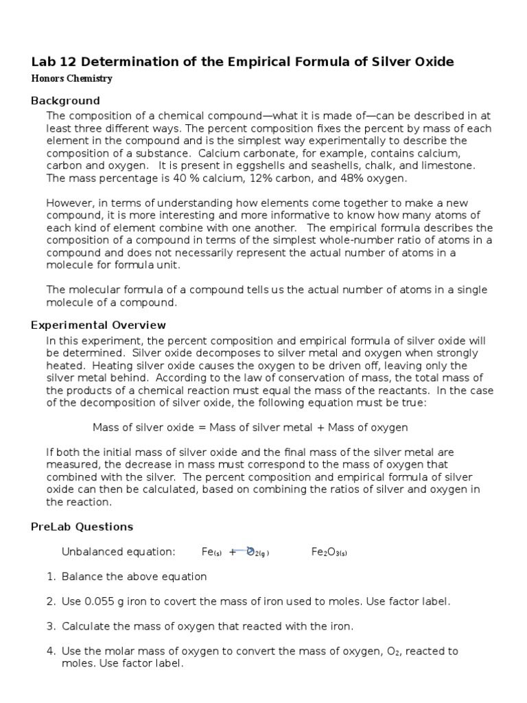 Empirical Formula of Silver Oxide Lab | PDF | Chemical Compounds | Mole ...