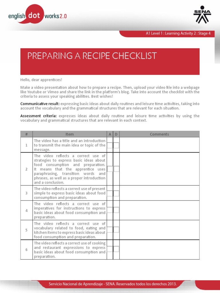 Preparing a Recipe Checklist