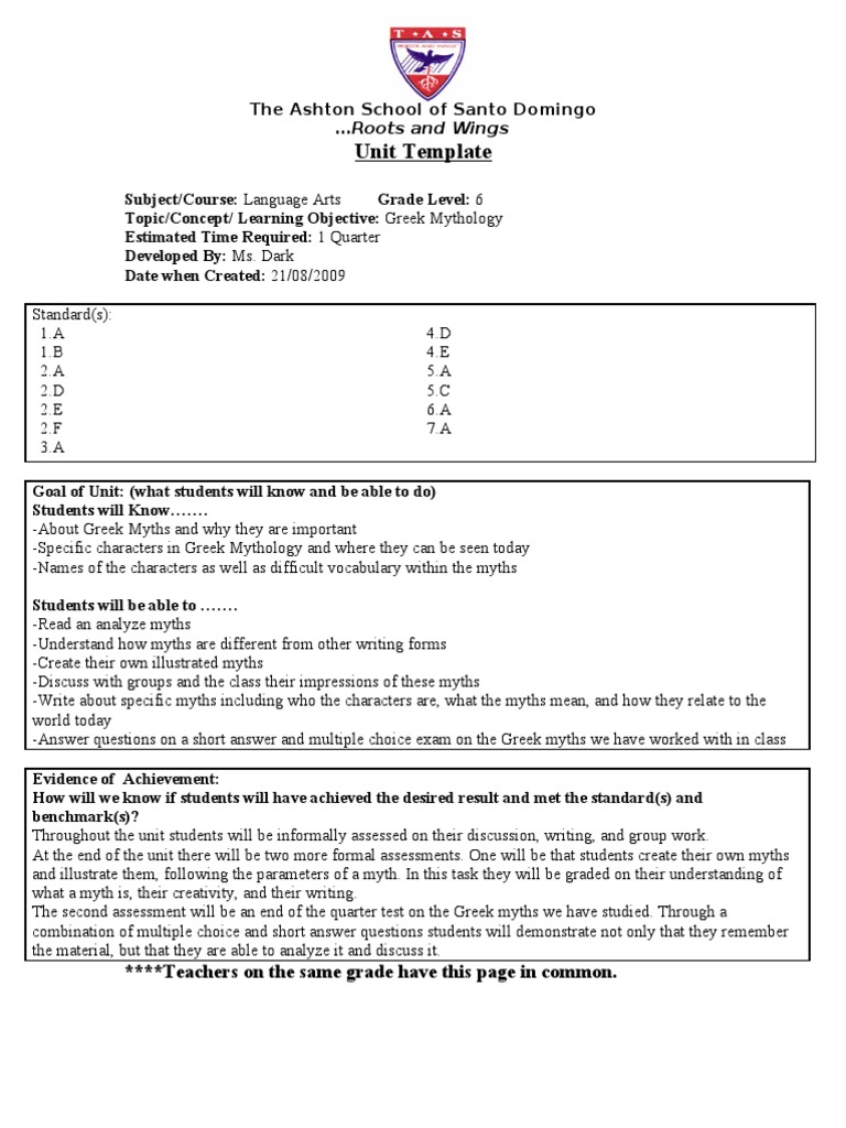 Greek Mythology Unit Plan for 6th Grade | PDF | Multiple Choice | Test ...