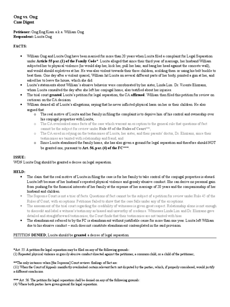 Ong v. Ong Case Digest | PDF | Complaint | Marriage