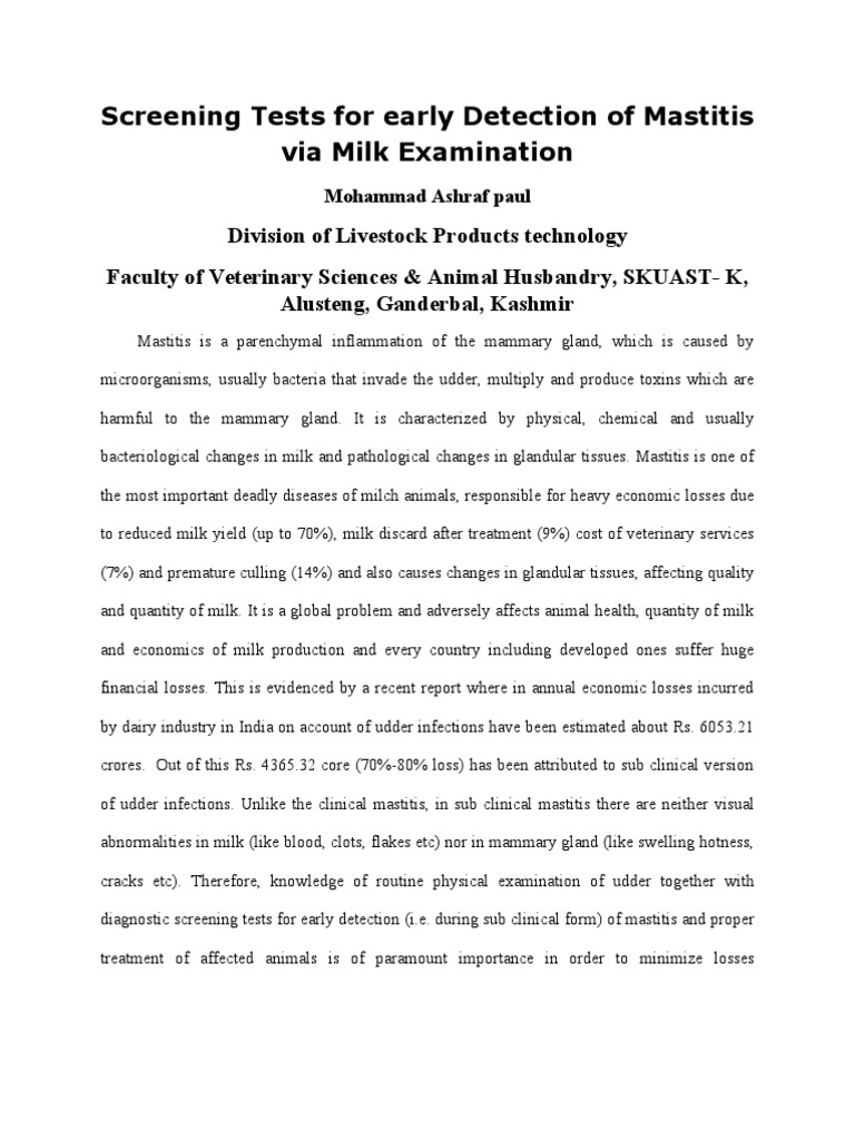 Milk Examination For Mastitis Diagnosis | PDF | Chemistry | Wellness