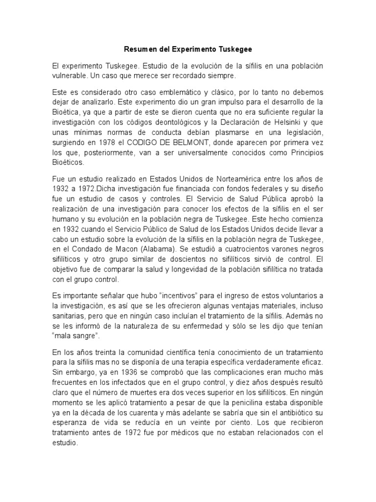 Experimento Tuskegee: Ética y Sífilis | PDF | Medicina | Tratamiento de ...