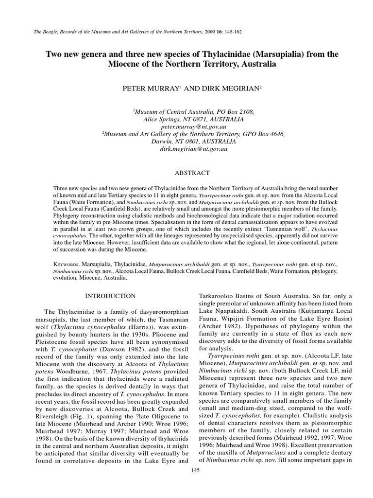 Two New Genera & Three New Species of Thylacinidae | PDF | Anatomical ...