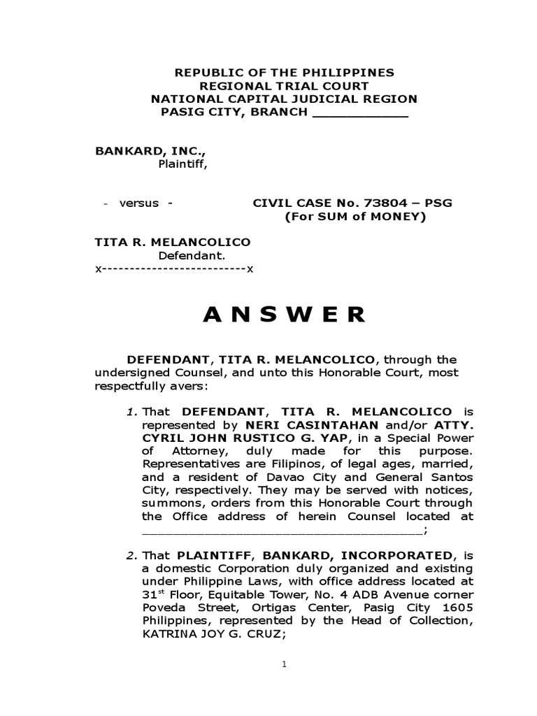 Answer Civil Case - Melancolico | Download Free PDF | Credit Card | Lawsuit