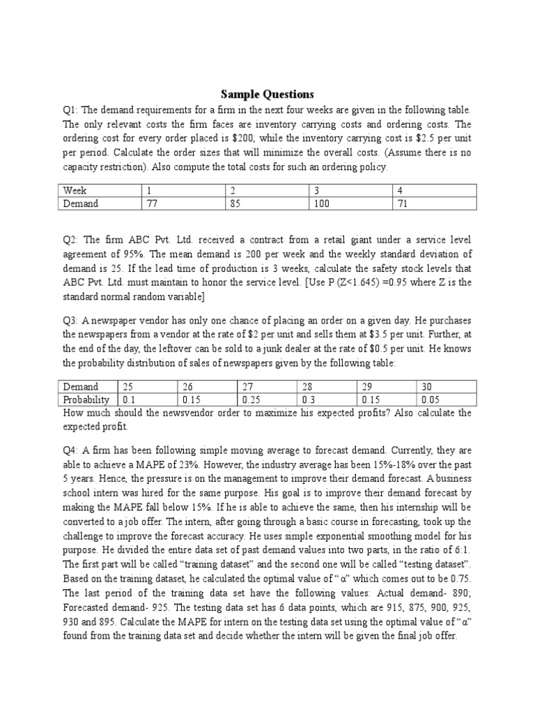 Sample Questions Operations | PDF