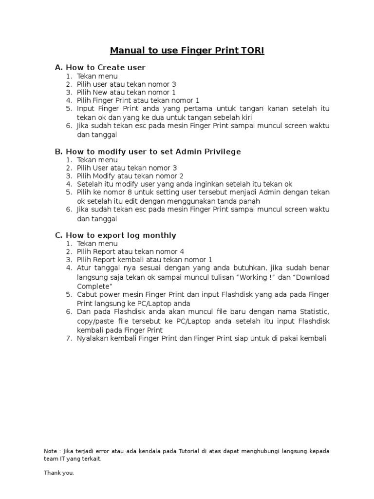 Manual To Use Finger Print TORI | PDF
