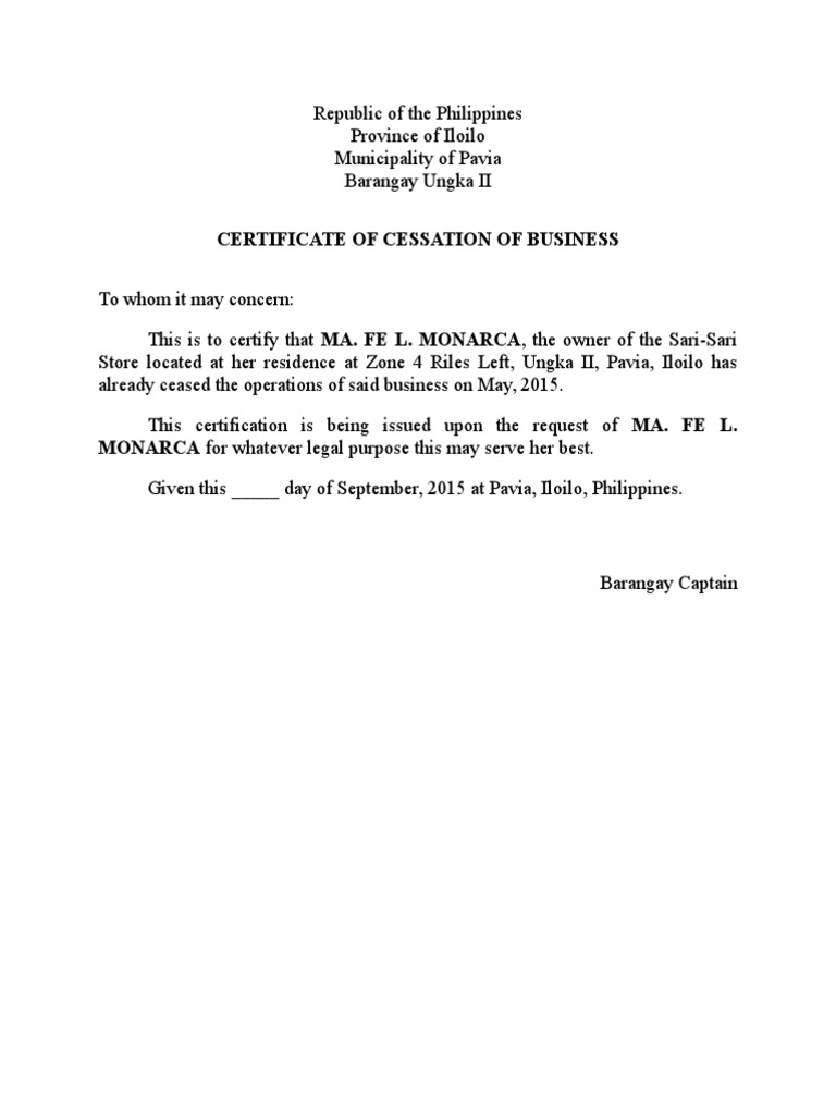 Certificate of Cessation of Business | PDF