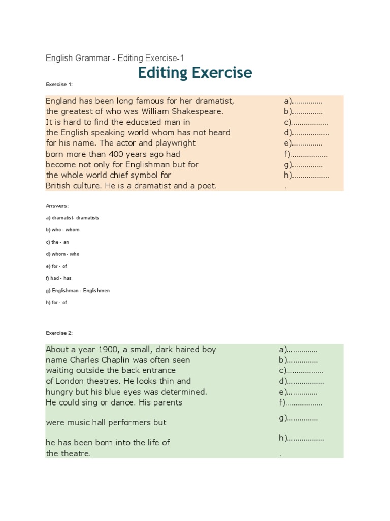 English Grammar - Editing Exercise-1 | PDF | Playwright | Theatre