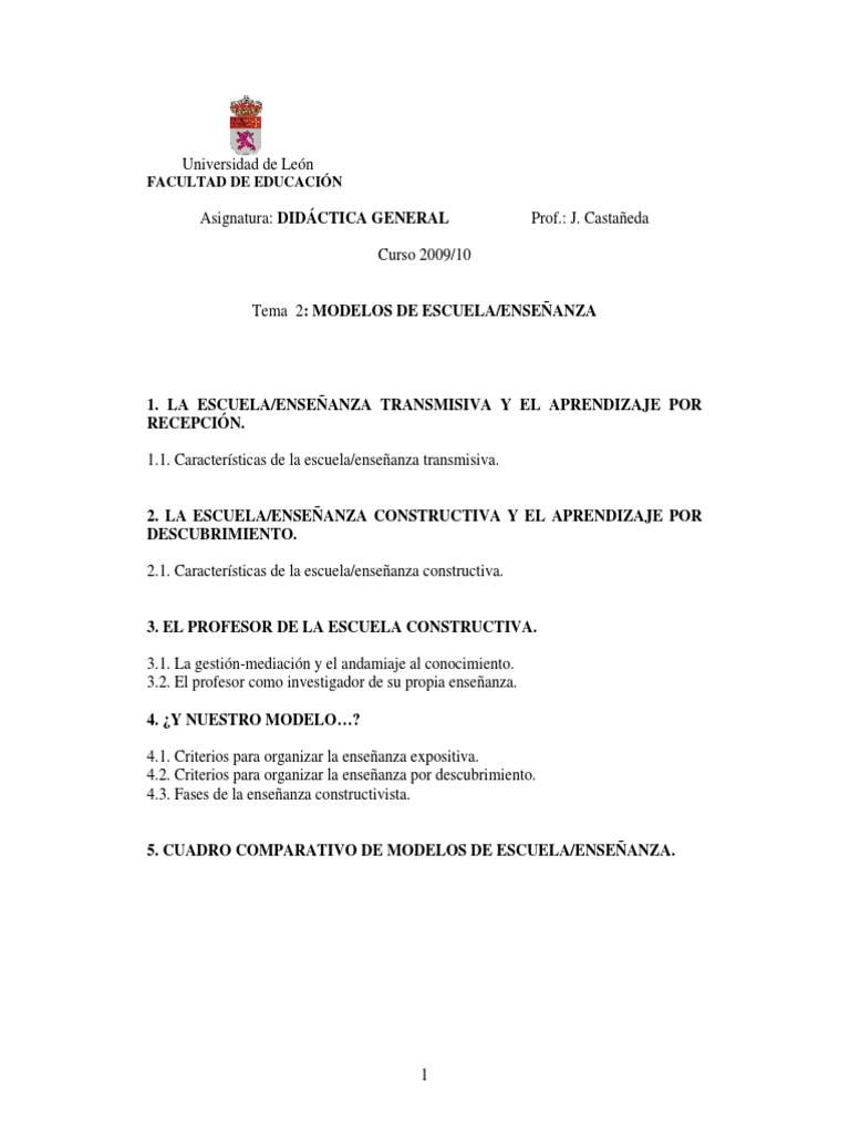 Tema 2. Modelos de Escuela-Enseñanza | PDF | Aprendizaje | Maestros
