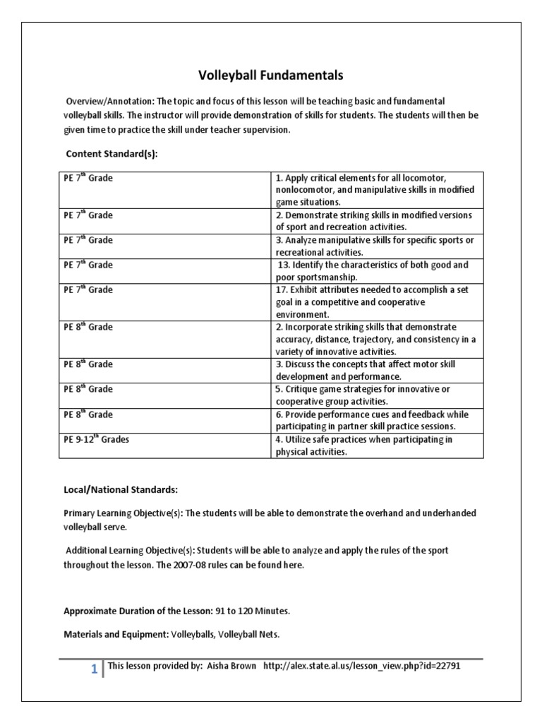 Volleyball Lesson Plan | PDF | Volleyball | Lesson Plan
