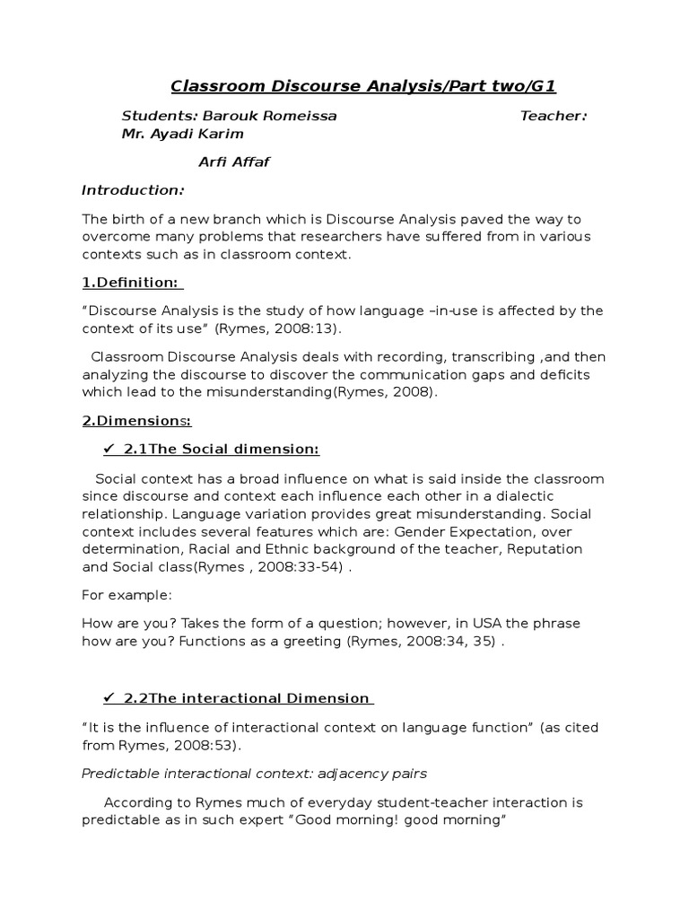 Classroom Discourse Analysis G1 | PDF | Classroom | Teachers