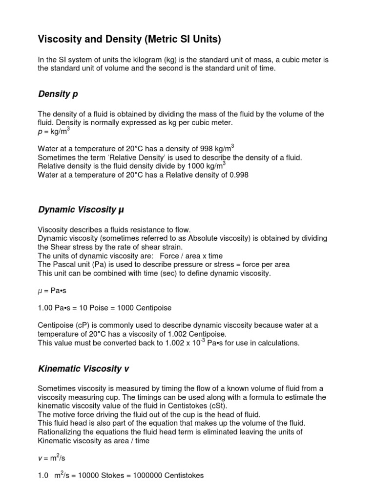 Viscosity and Density (Metric SI Units) | PDF | Viscosity | Density