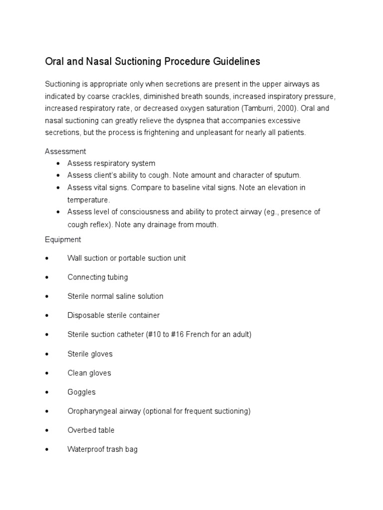 Oral and Nasal Suctioning Procedure Guidelines | PDF | Mucus ...