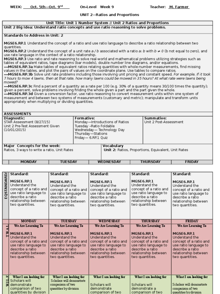 unit 2 lesson plan r p 1-week ii | Ratio | Cognition