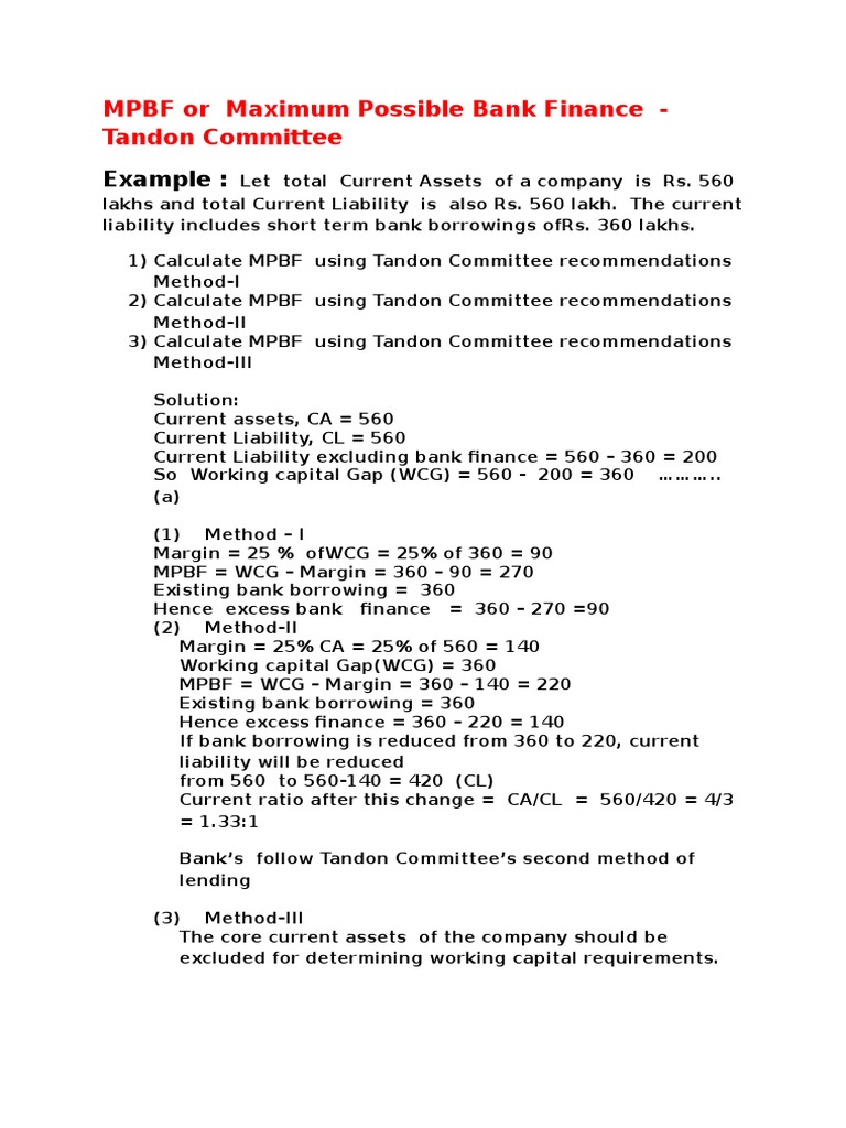 MPBF Tandon Committee | PDF | Working Capital | Margin (Finance)