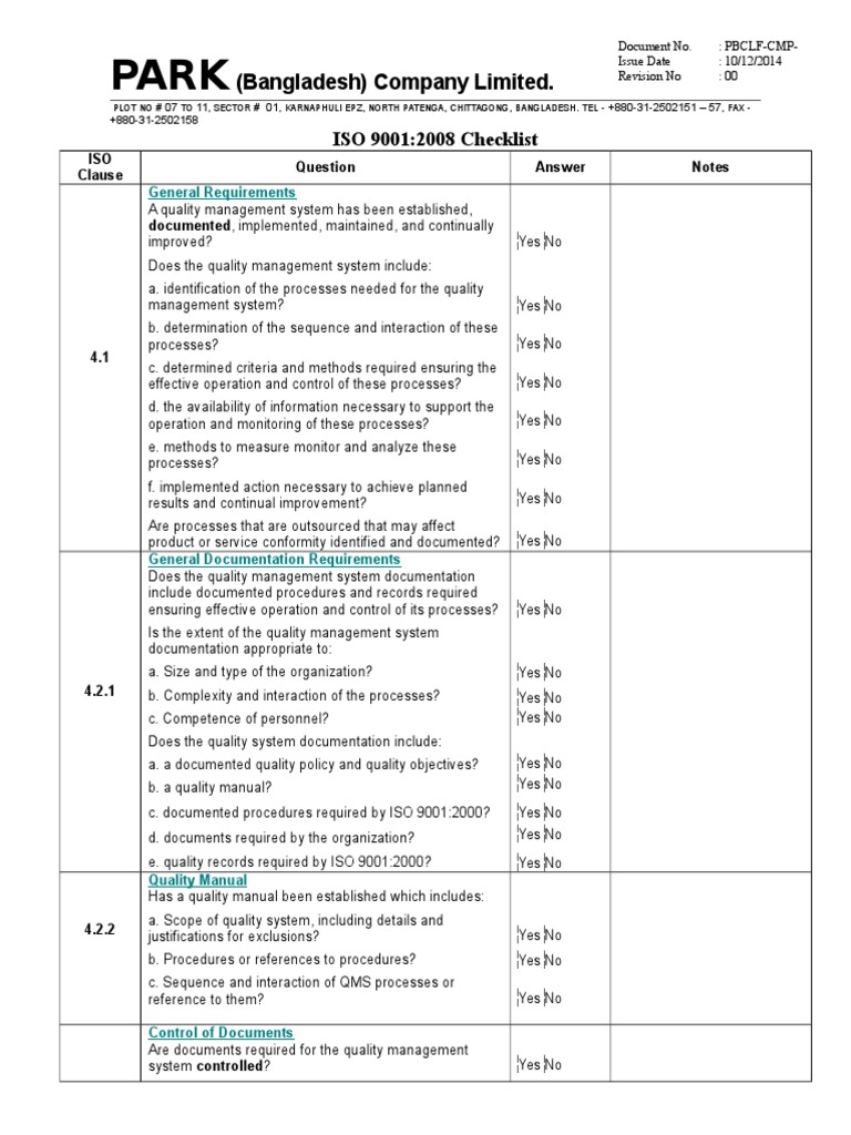 Audit Check List (ISO 9001) | Quality Management System | Audit