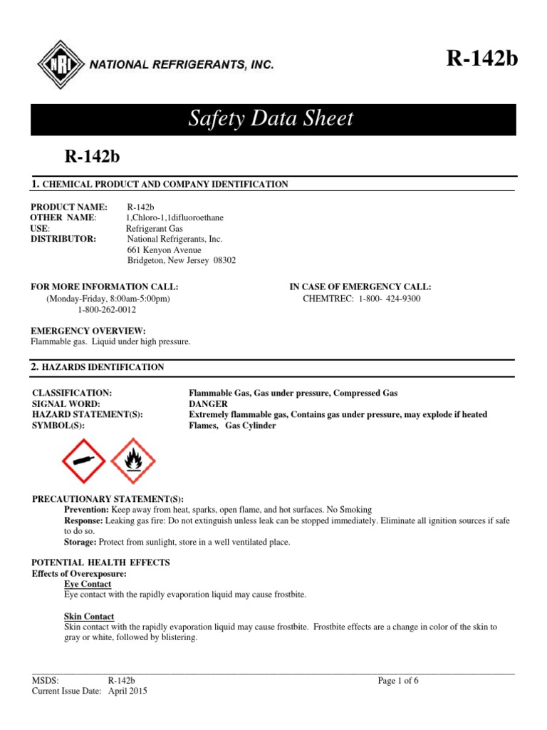 SDS R142b | PDF | Hazardous Waste | Resource Conservation And Recovery Act