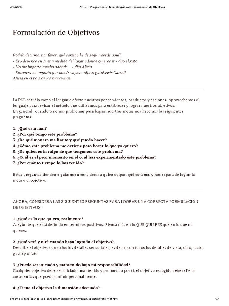 Como Formular Objetivos Bajo El Enfoque de La P.N.L | PDF ...