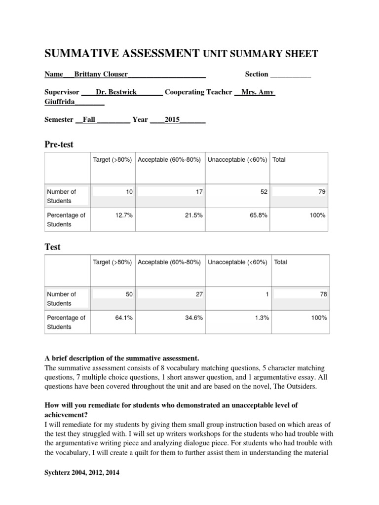 Summative Assessment Summary Sheet | PDF
