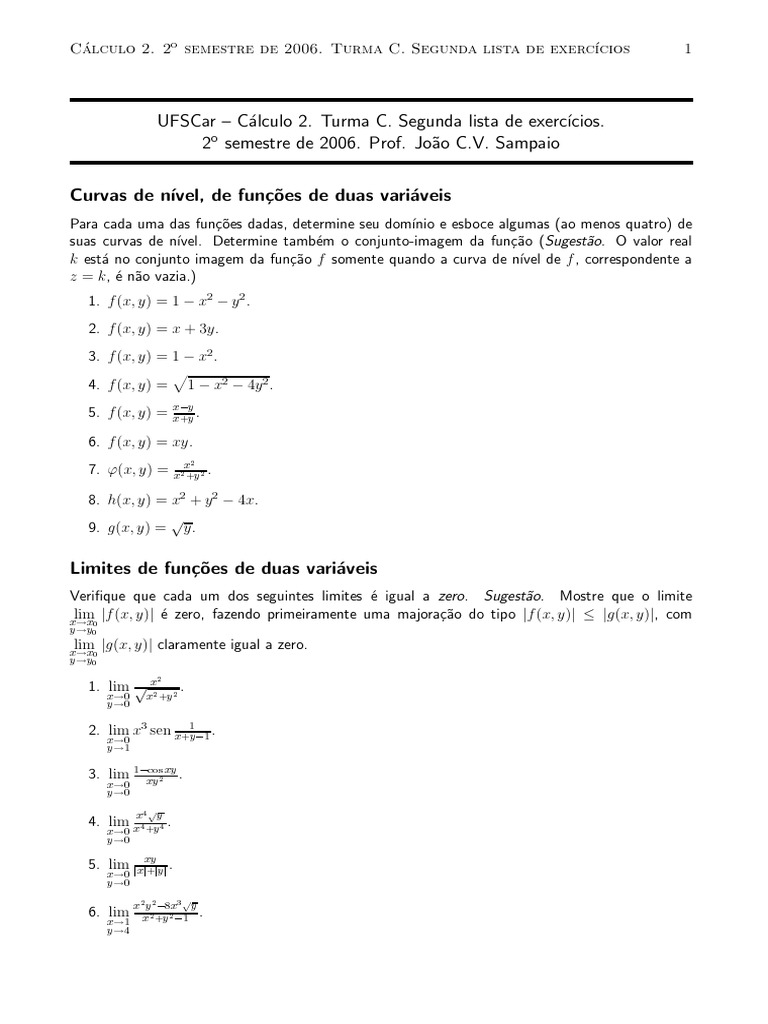 Calculo 2 - Lista Exercícios Resolvidos | PDF