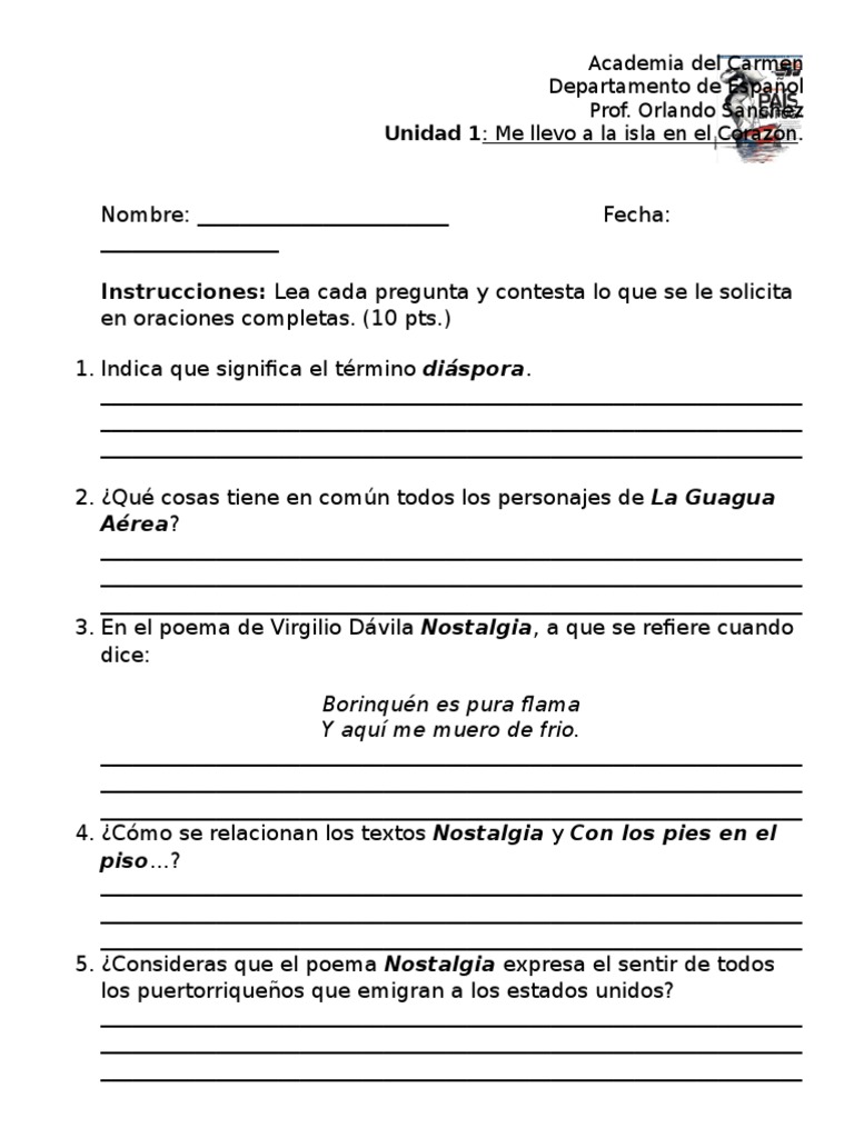 Examen Diapora y La Guagua Aerea | PDF | Artes del Lenguaje y ...