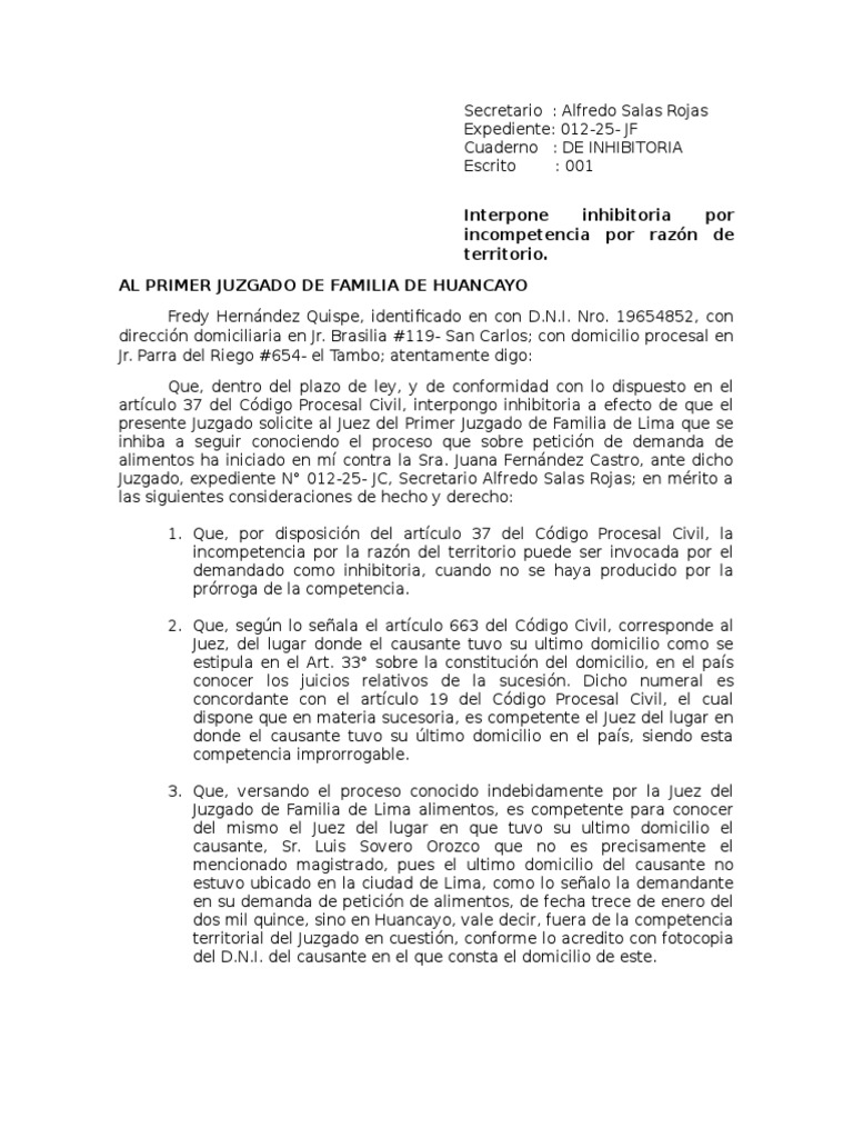 Modelo Inhibitoria | PDF | Demanda judicial | Ley procesal