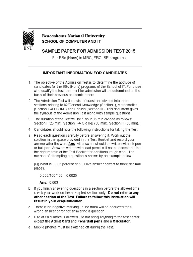 SCIT - SampleTest Pattern For 2015 | PDF | Exponentiation | Trigonometry