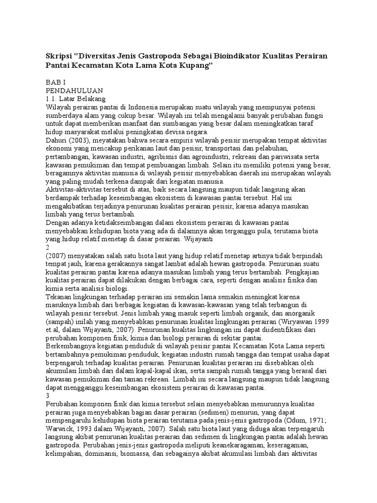 Diversitas Jenis Gastropoda Sebagai Bioindikator Kualitas Perairan Di ...