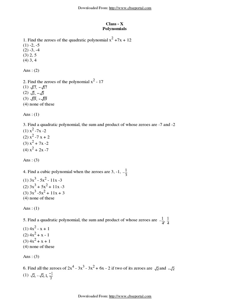 MCQ Class X Polynomials Question Answers | PDF | Polynomial | Quadratic Equation