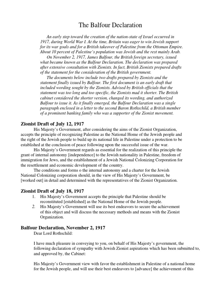 The Balfour Declaration | PDF | Mandatory Palestine | Zionism