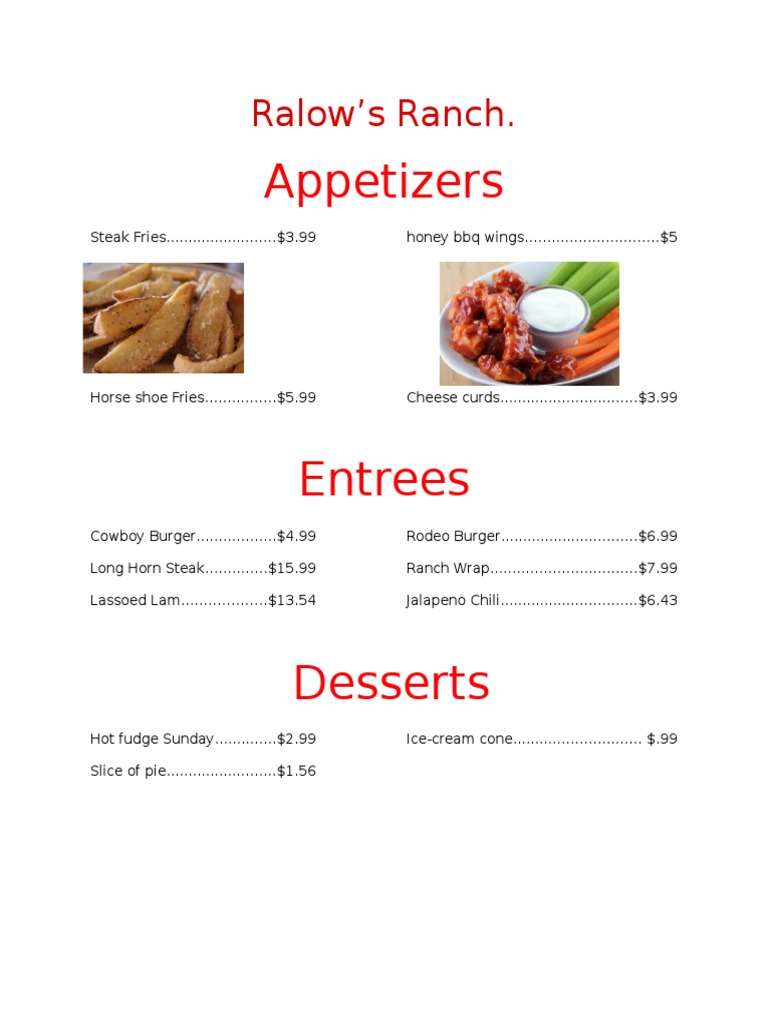Ralow's Ranch Menu Overview | PDF