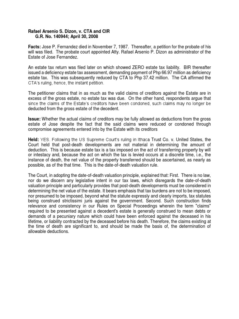 Rafael Arsenio S. Dizon, v. CTA and CIR G.R. No. 140944 April 30, 2008 | PDF | Probate | Estate ...