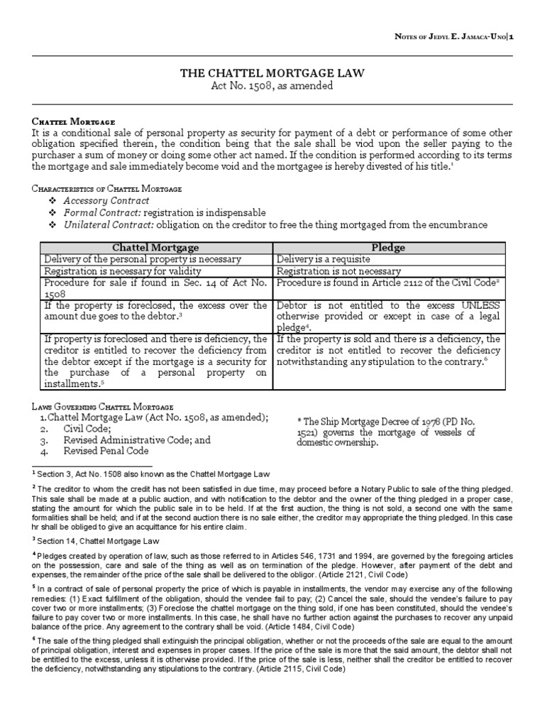 Overview of Chattel Mortgage Law | PDF | Mortgage Law | Foreclosure
