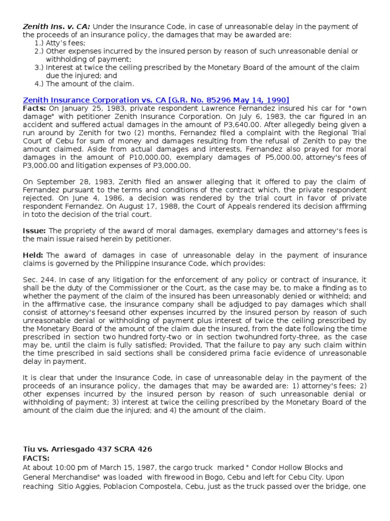 Insurance Code damages for unreasonable denial of claim | PDF ...