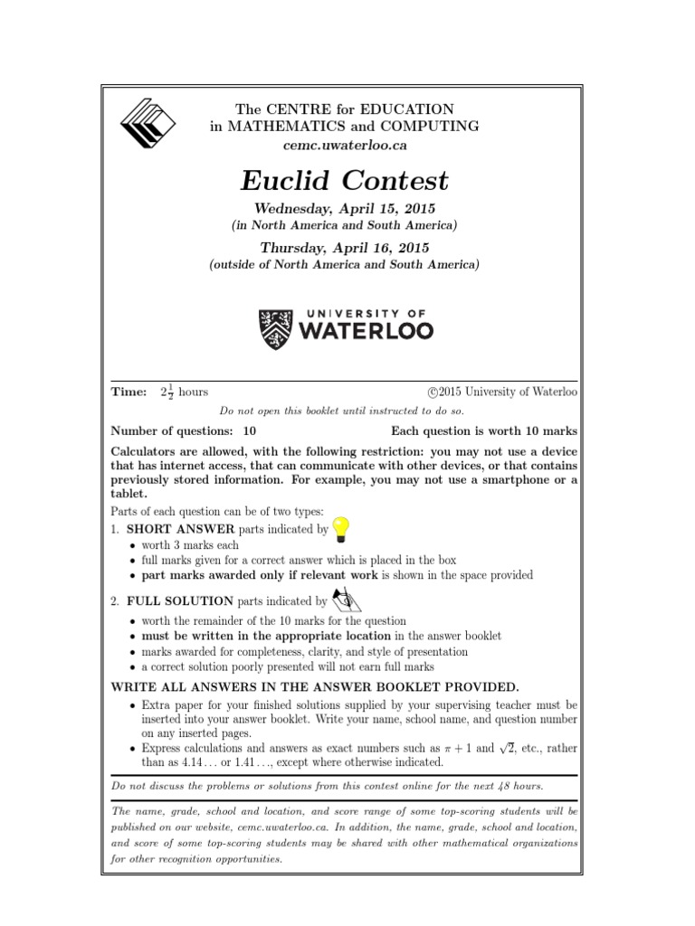 The 2015 Euclid Contest: Exploring Mathematical Problem Solving | PDF ...