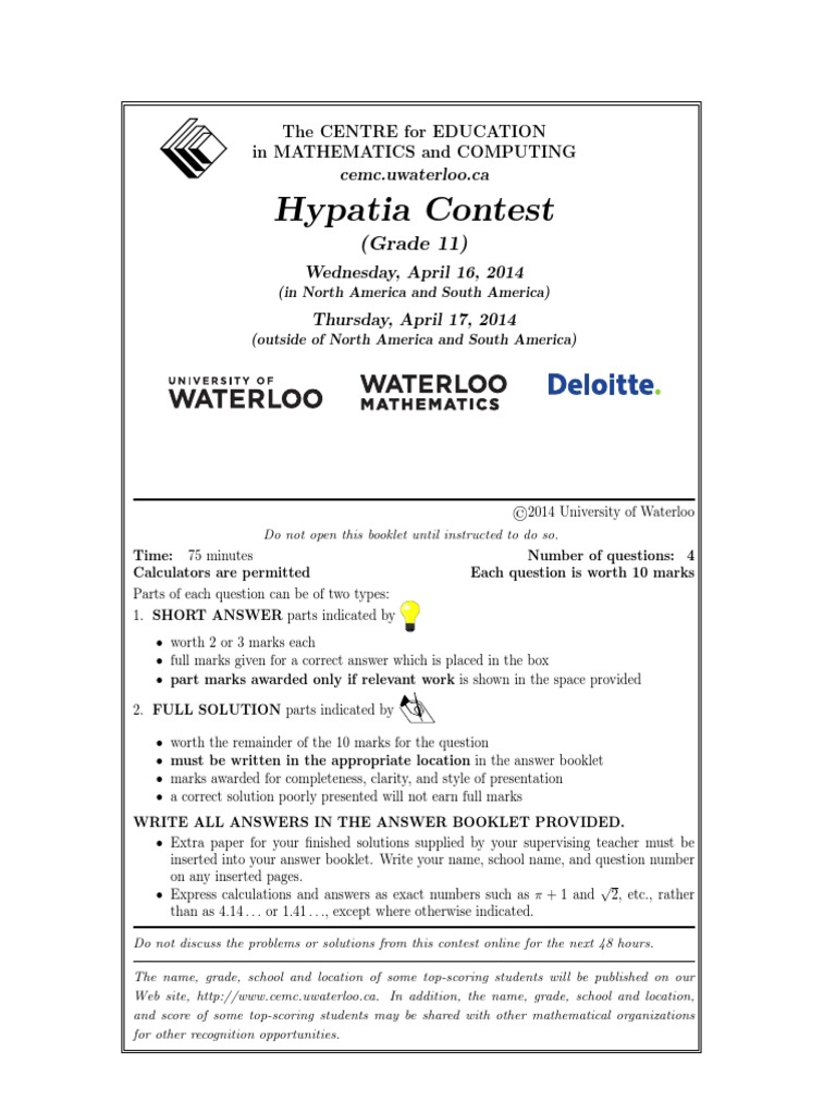 2014 Hypatia Contest | PDF | Triangle | Geometry