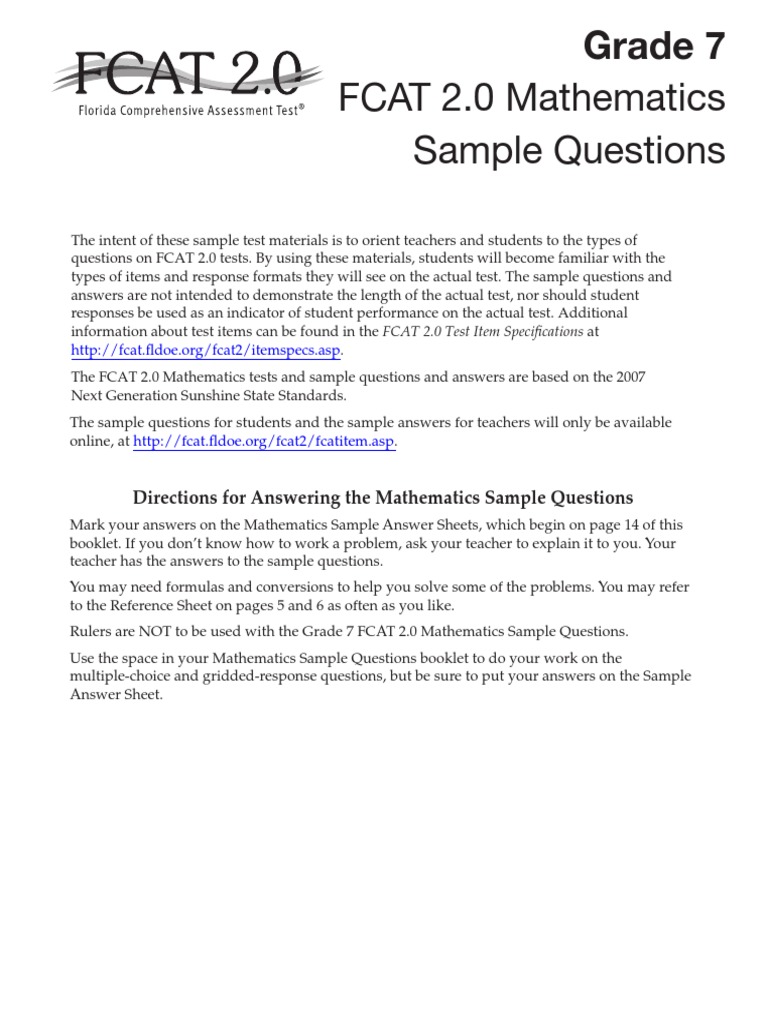 Fcat Sample Questions | PDF | Area | Percentage