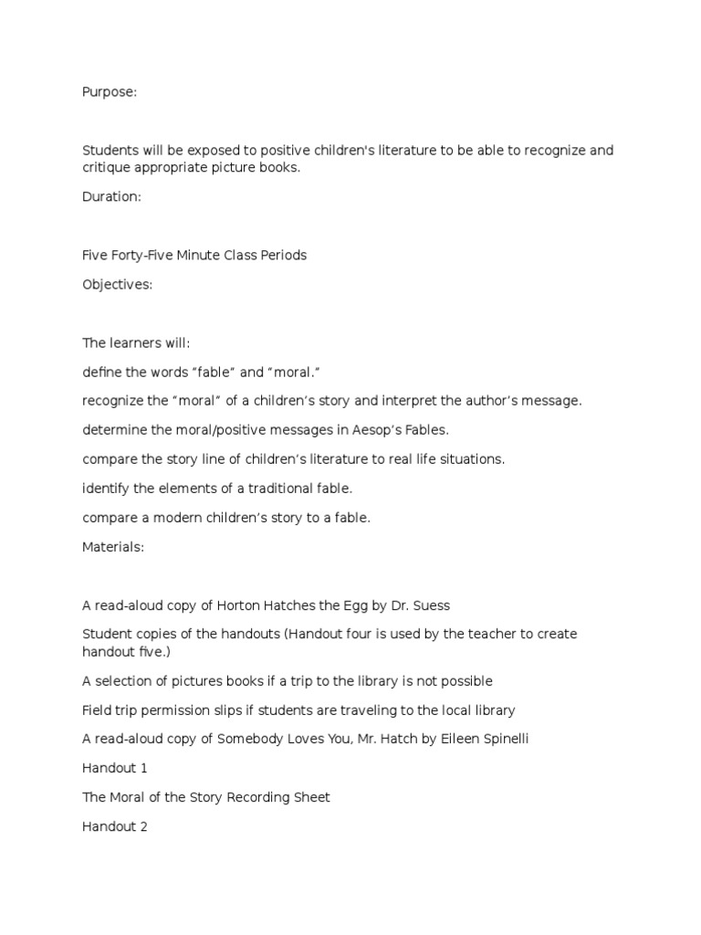 Sample Lesson Plan | Download Free PDF | Fable | Lesson Plan