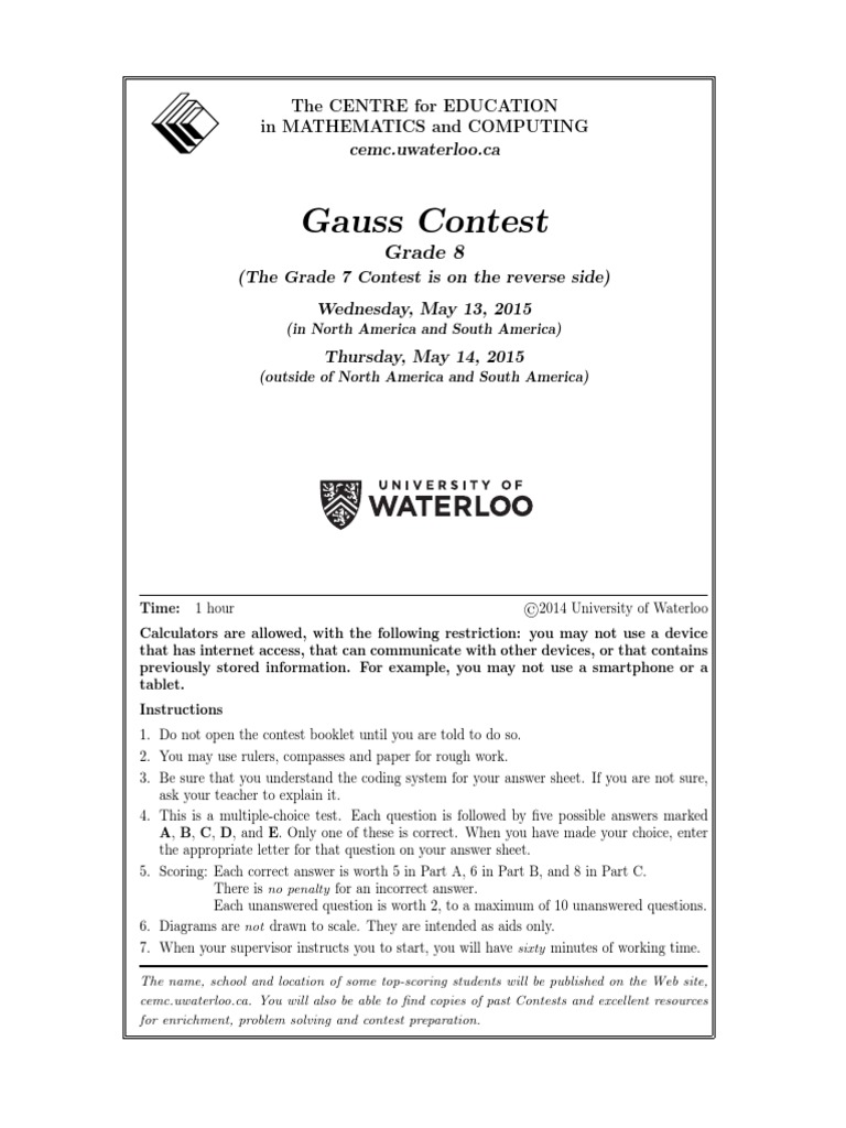 2015 Gauss 8 Contest | PDF | Multiple Choice | Elementary Mathematics