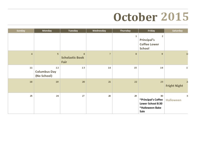 October 2015 School Events Calendar | PDF