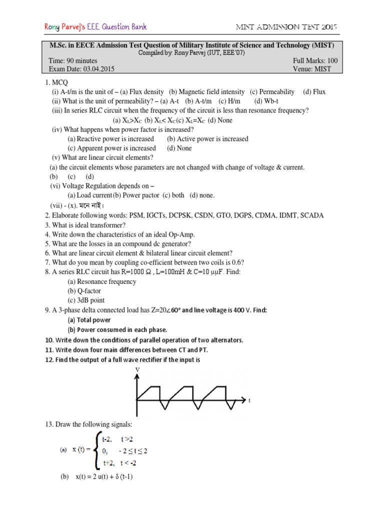 MIST EEE Admission Test Question Bank | PDF | Teaching Methods ...