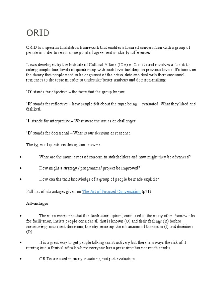 Orid 1 | PDF | Facilitator | Evaluation