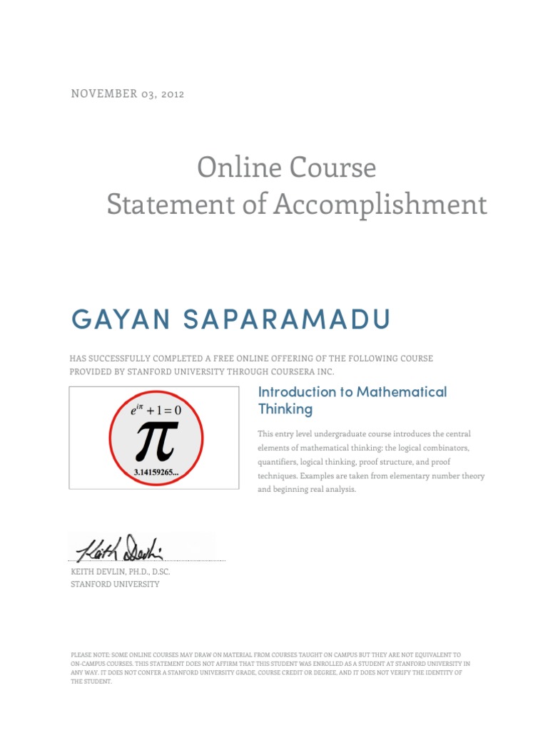Stanford Math Thinking Course Completion | PDF | Career & Growth