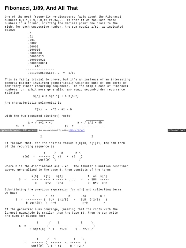 Fibonacci, 1/89, and All That: Open in Browser PRO Version | PDF ...