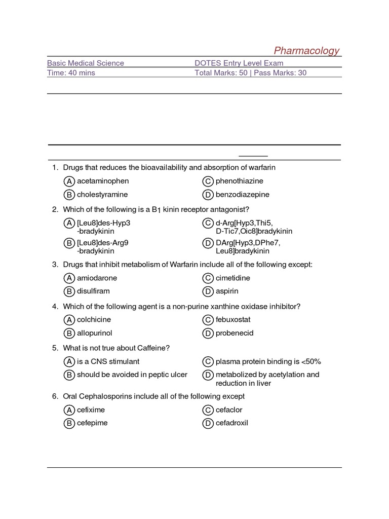 MCQ Sample Test Paper-Dotes Pharma | Insulin | Enzyme Inhibitor