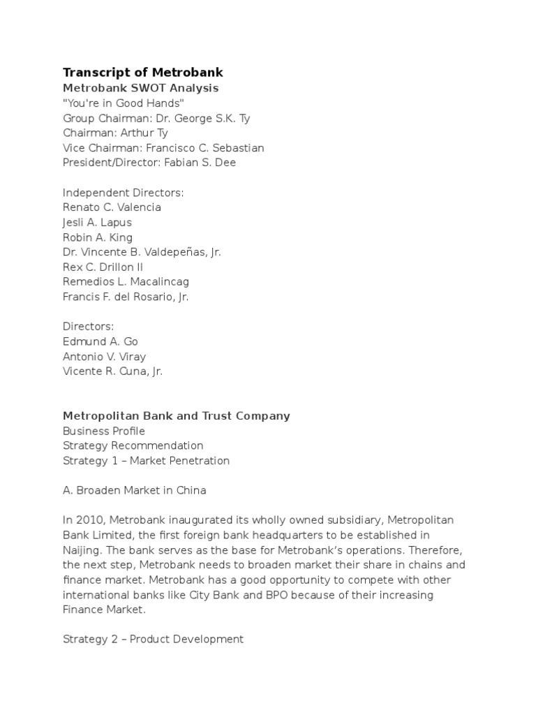 Transcript of Metrobank | PDF | Financial Services | Banking