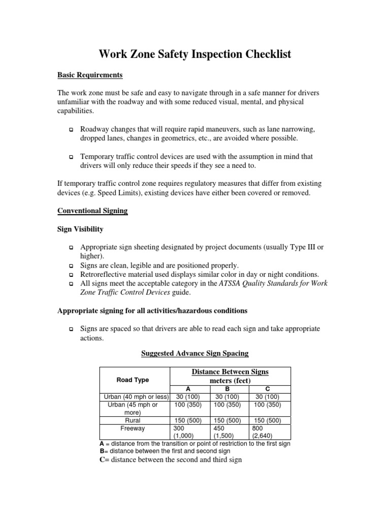 Work Zone Checklist | PDF | Traffic | Lane