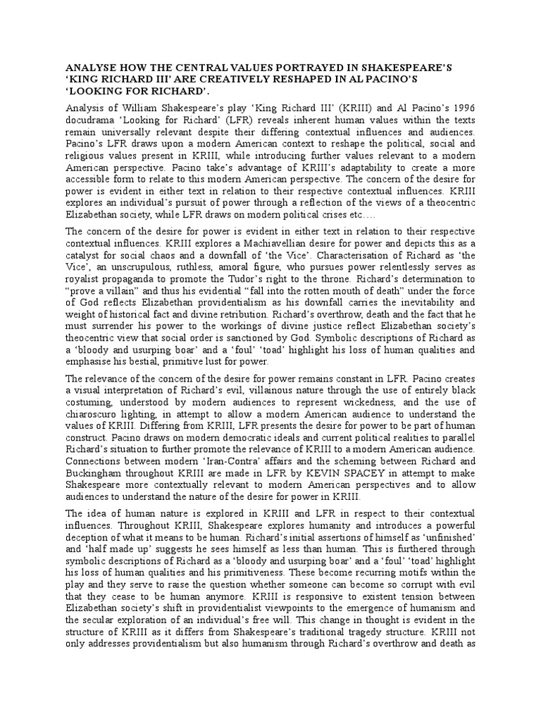 Exemplar Essay Richard III and LFR | PDF | Humanism | William Shakespeare
